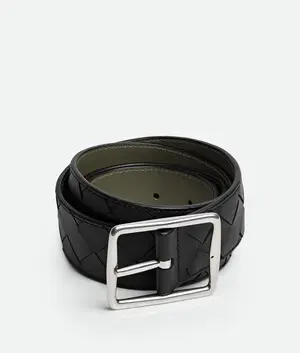 BOTTEGA  VENETA Reverso Intrecciato Leather Belt - Black/crocodile