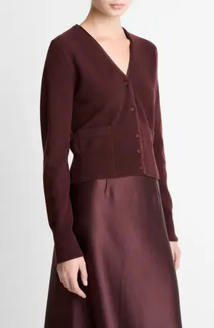 Vince Satin Button Wool & Cashmere Blend V-neck Cardigan - Oxblood