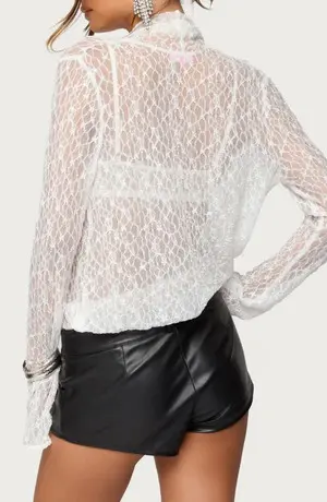 EDIKTED Lera Lacey Sheer Mesh Top - White