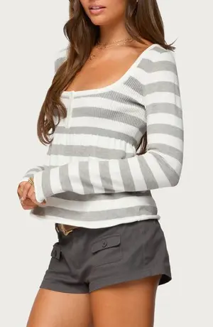 EDIKTED Lockie Stripe Knit Babydoll Top - Light-gray
