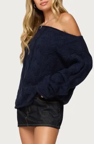EDIKTED Cable Stitch One-shoulder Sweater