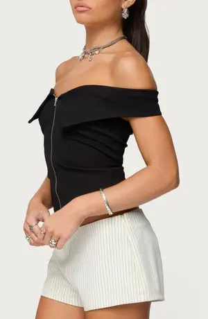 EDIKTED Foldover Off-the-shoulder Zip-up Top