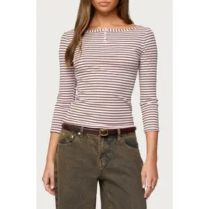 EDIKTED Avigyle Stripe Long Sleeve Henley Top