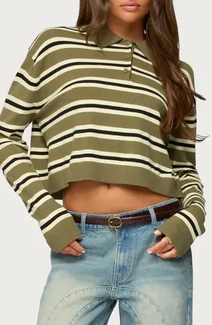 EDIKTED Striped Crop Polo Sweater