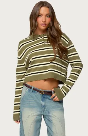 EDIKTED Striped Crop Polo Sweater