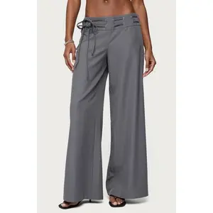 EDIKTED Baggy Belted Lace-up Pants - Dark-gray
