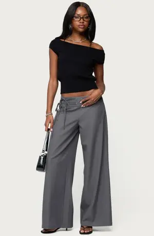 EDIKTED Baggy Belted Lace-up Pants - Dark-gray