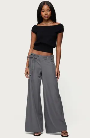 EDIKTED Baggy Belted Lace-up Pants - Dark-gray