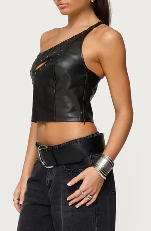 EDIKTED Cutout One-shoulder Faux Leather Crop Top