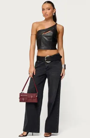 EDIKTED Cutout One-shoulder Faux Leather Crop Top