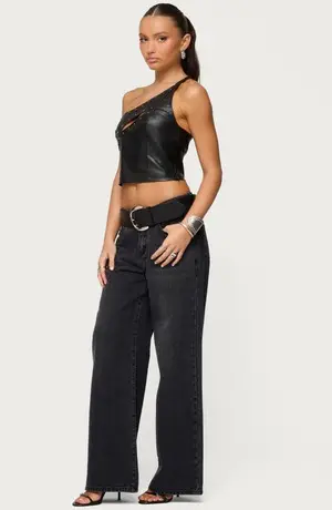 EDIKTED Cutout One-shoulder Faux Leather Crop Top