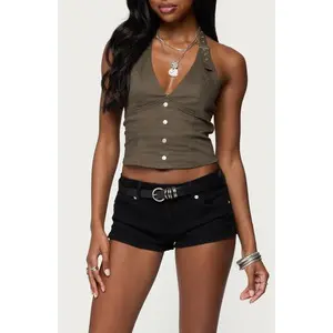 EDIKTED Buckle Halter Crop Top - Olive