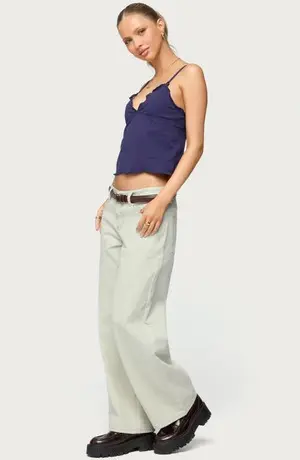 EDIKTED Lettuce Edge Crop Stretch Cotton Camisole - Navy