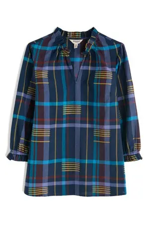SEASALT CORNWALL Aggie Ruffle Plaid Split Neck Shirt