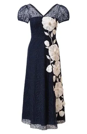 KAY UNGER Layla Floral Appliqué Embroidered Mesh Midi Dress