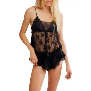 Free People Hearts Racing Sheer Lace & Mesh Pajamas - Black