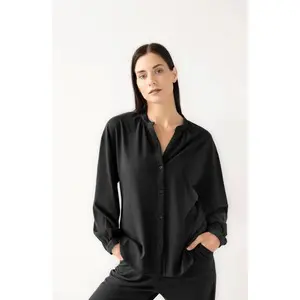 SALUA Mandarin Collar Soft Pima Cotton Pajamas - Black