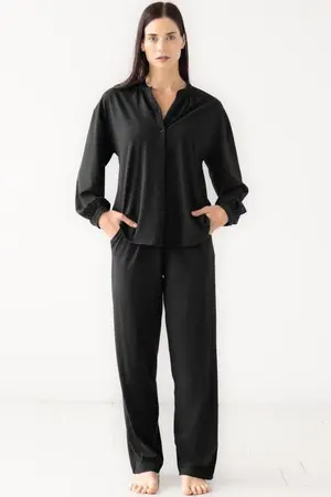 SALUA Mandarin Collar Soft Pima Cotton Pajamas - Black