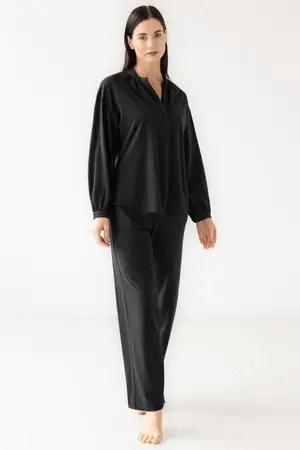 SALUA Mandarin Collar Soft Pima Cotton Pajamas - Black