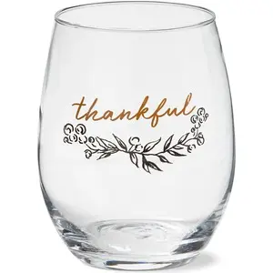TAG Thankful Sentiment Clear Stemless Wine Glass Dishwasher Safe - Multicolored