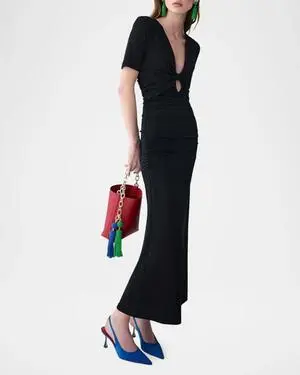 Carolina Herrera Elbow-sleeve Ruched Maxi Dress - Black