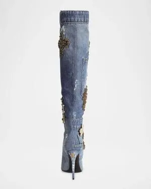 Dolce & Gabbana 105mm Embellished Patchwork Denim Knee-high Boots - Blue