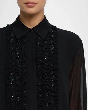 Lafayette 148 New York Sequin Ruffle Silk Georgette Blouse - Black