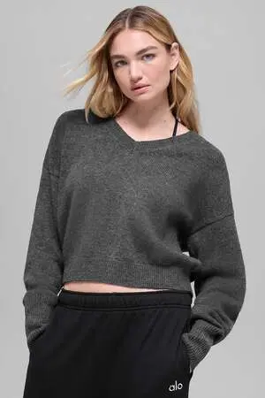 Alo Yoga Wool Cashmere Cropped V-neck Sweater - Platinum Grey