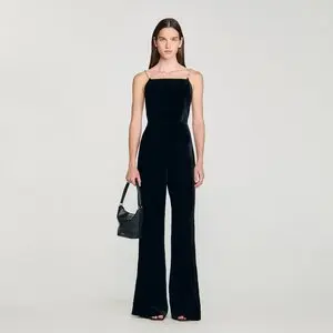 Sandro Velvet Jumpsuit With Jewel Straps - Black
