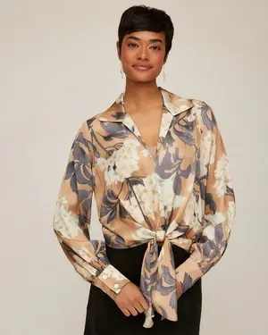 Karen Kane Satin Tie Front Top - Print