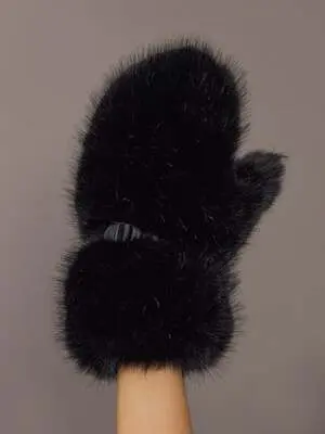 Jocelyn Faux Rex Rabbit Knit Mittens With Faux Fox Trim - Black
