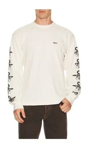 Obey Ears Long Sleeve Thermal Tee In White - Blanc De Blanc