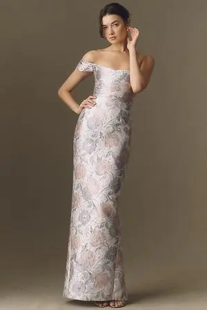 SAU LEE Asymmetric Jacquard Column Maxi Dress - Lilac Multi