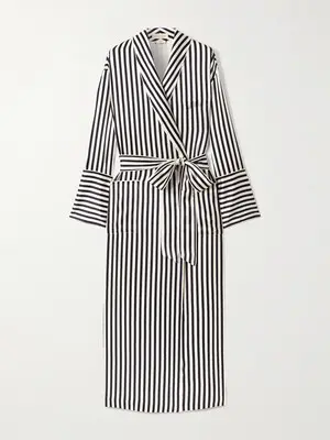 Olivia Von Halle Nika Belted Striped Silk-satin Robe - Black