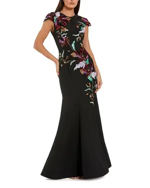 Mac Duggal Crepe Mermaid Gown With Floral Embroidery - Black Multi