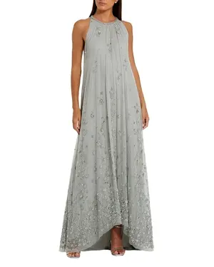 Mac Duggal High Neck Floral Embellished Mesh Trapeze Gown - Sage