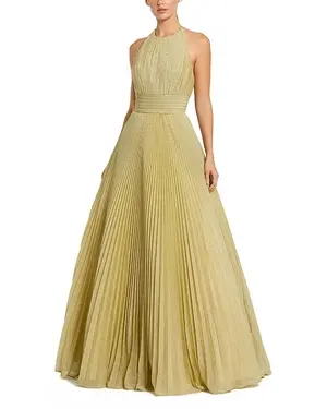 Mac Duggal Shimmering Pleated Georgette High Neck Gown