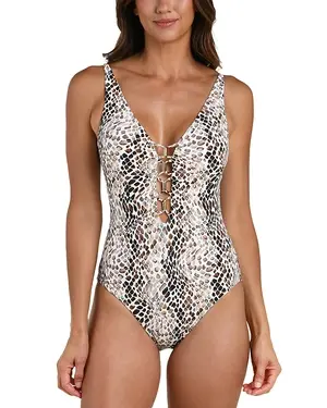 La Blanca Wild Whispers Plunge Neck One Piece Swimsuit - Taupe