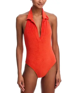 Lisa Marie Fernandez Polo Maillot Collared One Piece Swimsuit - Tomato Terry Cloth