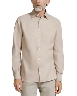 Zegna Long Sleeve Button Front Cotton Shirt - Light Taupe Mélange