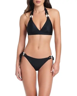 Red Carter Chain Detail Tie Side Bikini Bottom - Black