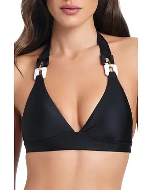 Red Carter Chain Detail Halter Bikini Top - Black