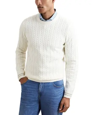 REISS Long Sleeve Cable Knit Crewneck Sweater - White