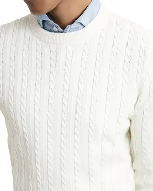 REISS Long Sleeve Cable Knit Crewneck Sweater - White