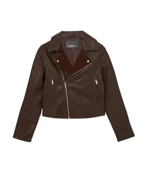 REISS Lidia Leather Biker Jacket - Chocolate