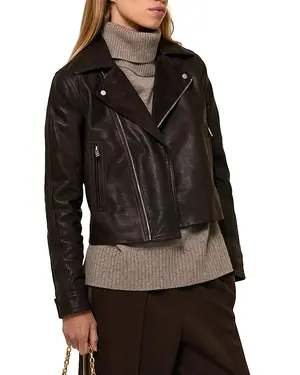 REISS Lidia Leather Biker Jacket - Chocolate