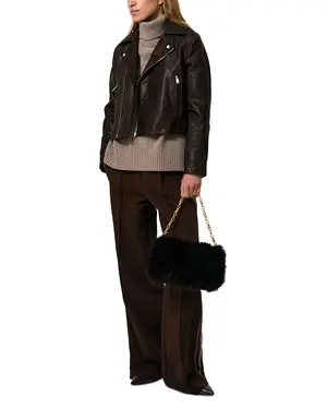 REISS Lidia Leather Biker Jacket - Chocolate