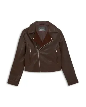 REISS Lidia Leather Biker Jacket - Chocolate