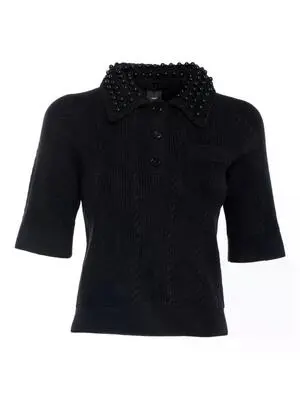 Pinko Beaded-collar Cable-knit Polo Top