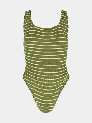 Hunza G Square Neck One Piece Swimsuit Metallic Moss/white Stripe